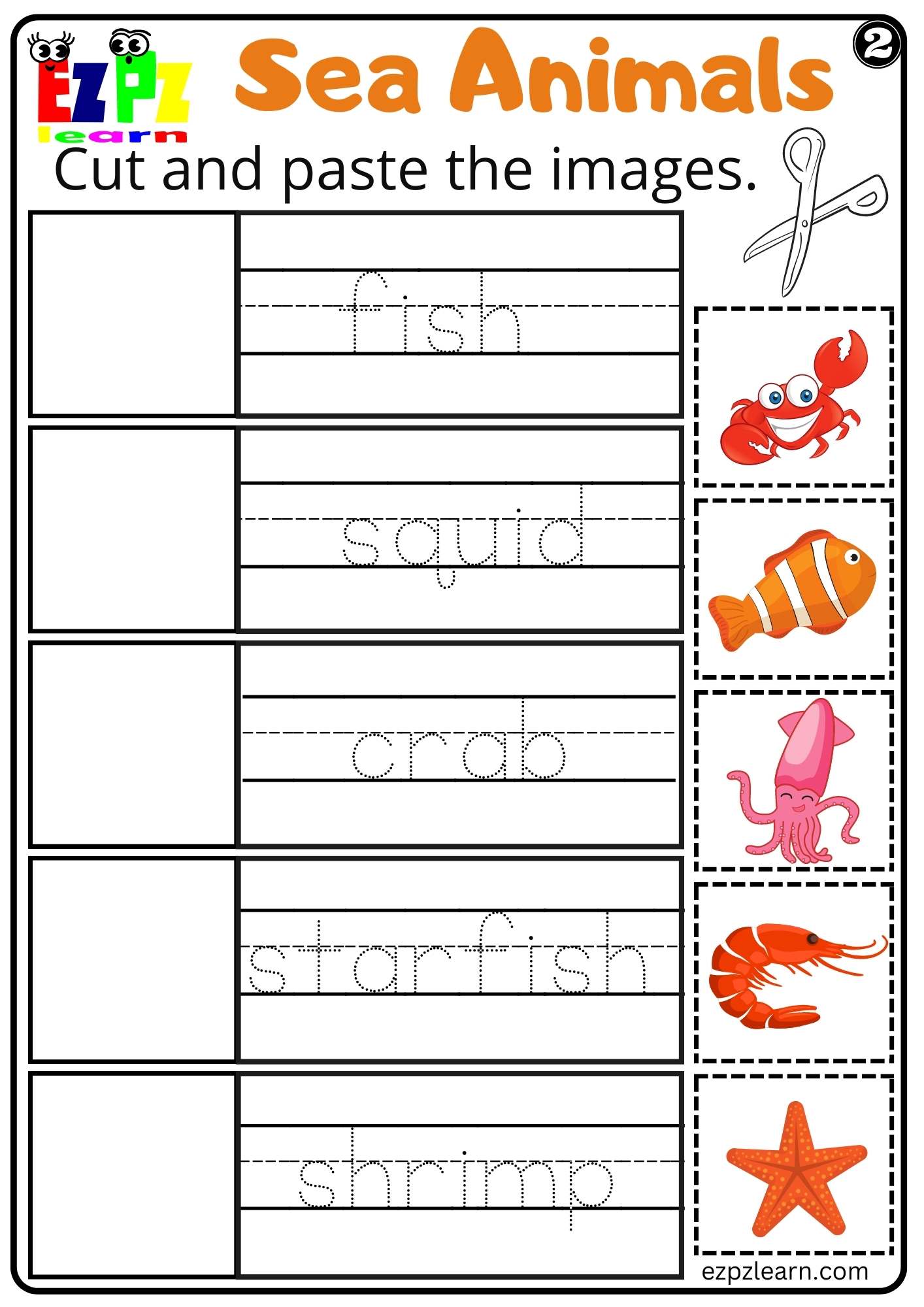Sea Animals Cut and Paste Worksheet For Kids and ESL Set 2 Free PDF Download - Ezpzlearn.com